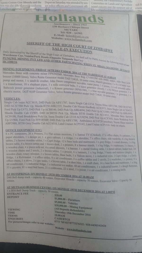 Mbada Diamonds property to be auctioned off by High Court to offset debt