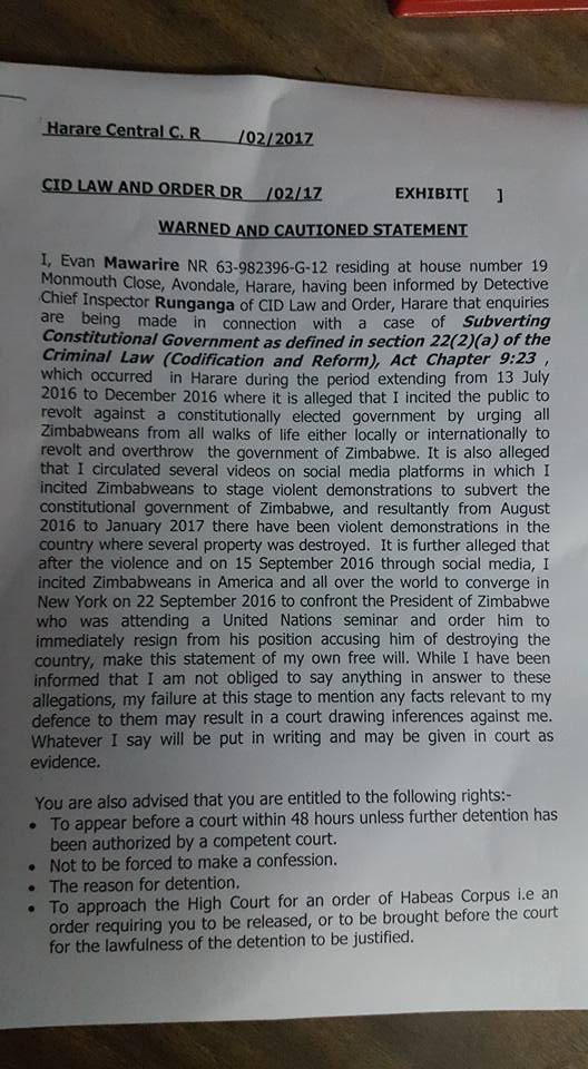 Pastor Evan Mawarire's warned and cautioned statement taken at CID Law ...