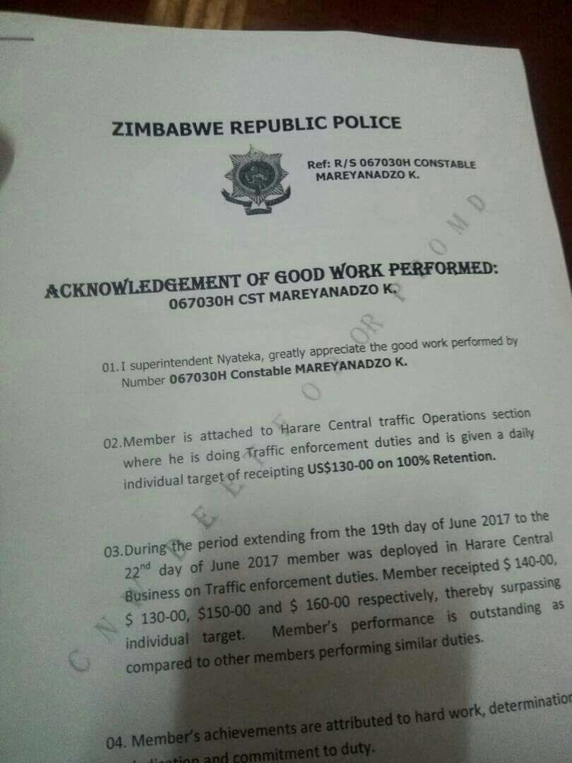 ZRP officer gets commendation for collecting more than daily individual ...