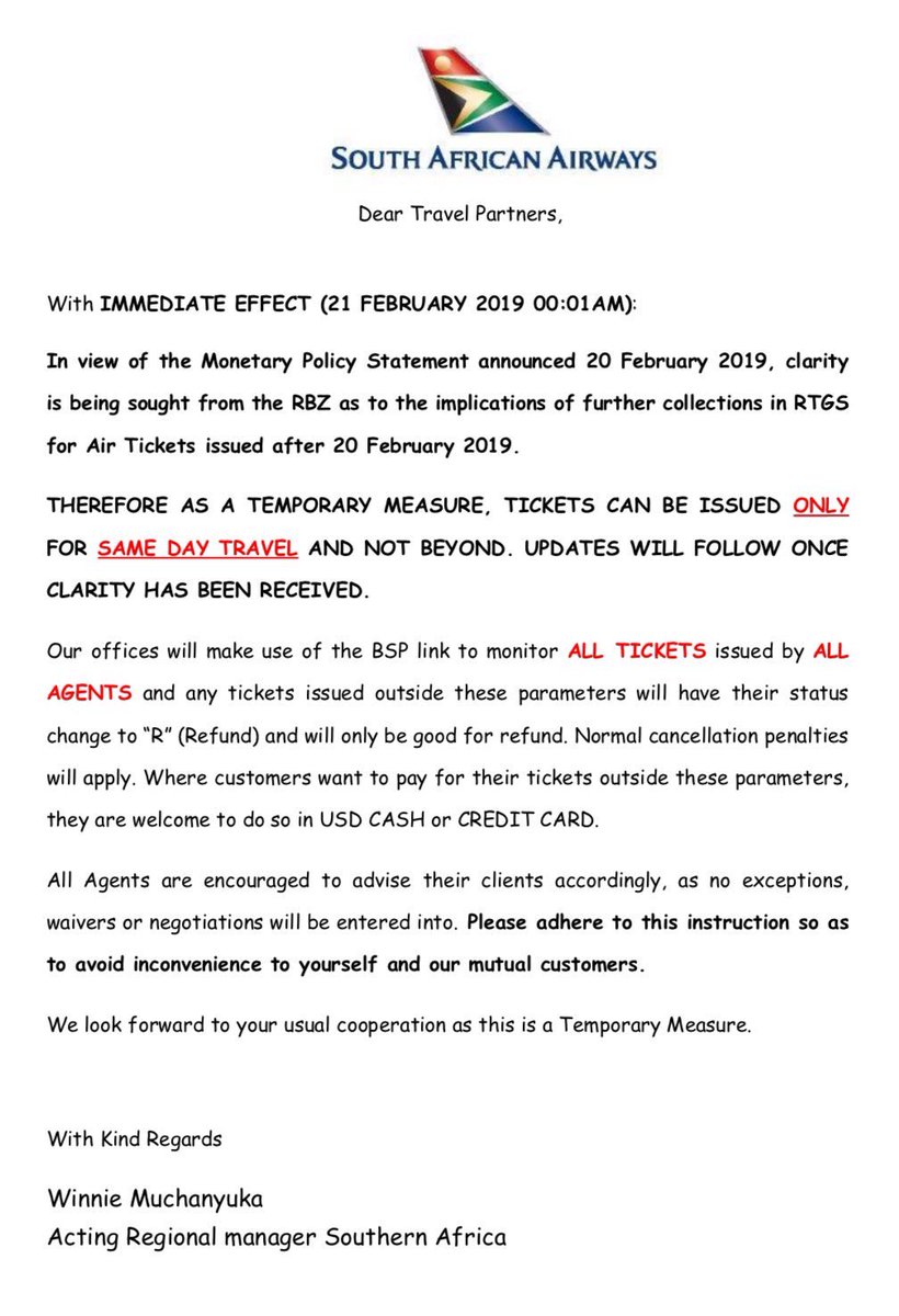 FULL TEXT: SAA Changes Ticket Sales Conditions In Response To RTGS Dollars