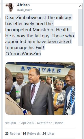 "Zimbabwe's Health Minister Has Been Fired," - Ali Naka