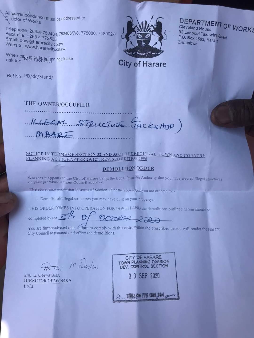 PICTURE: Harare City Council Illegal Structure Demolition Notice